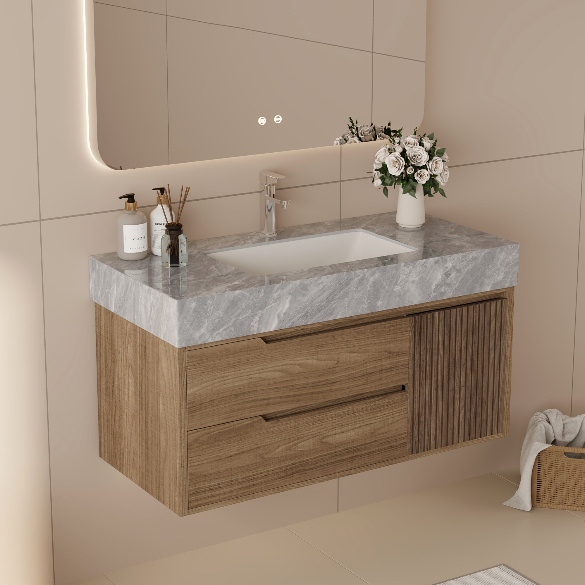 Latitude Run® 36"Mid Century Modern Wall-Mounted Bathroom Vanities,Single Sink,Brown Wood ...